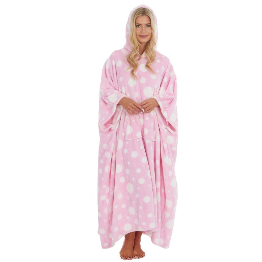 Ladies Pink Spot Longline Supersoft Hoodie Poncho by Huggable Hoodie ...